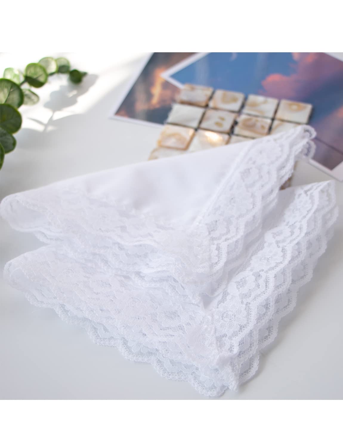 Lace White 100% Cotton Handkerchiefs Hankies for Women Wedding Gift White 3Pieces