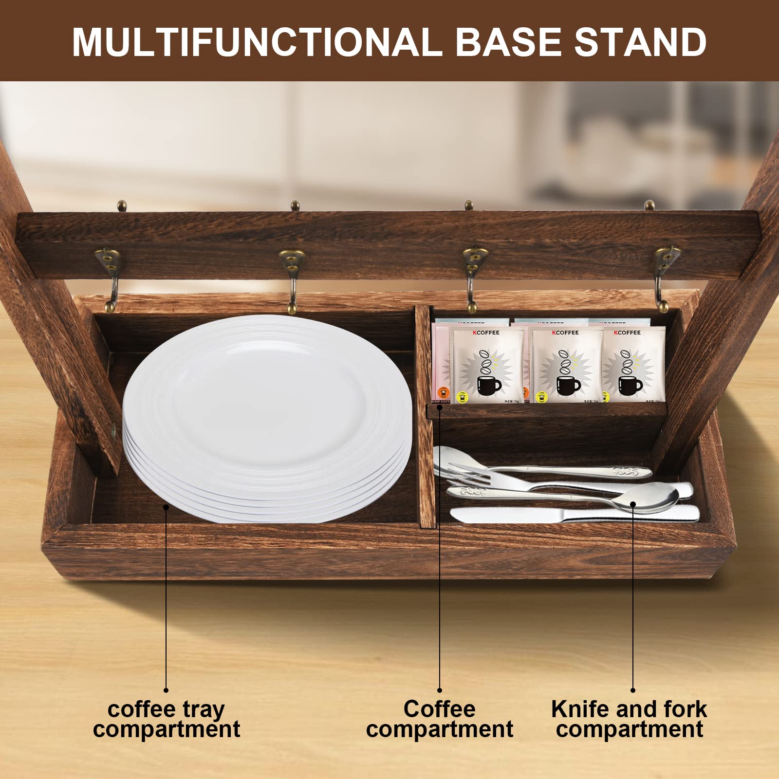 OHCCYML Rustic Coffee Mug Holder, 2 Tier Wood Coffee Cup Holder with Double Sided Hooks for 14 Mugs, Coffee Mug Organizer Stand Rack for Countertop, Display, Kitchen