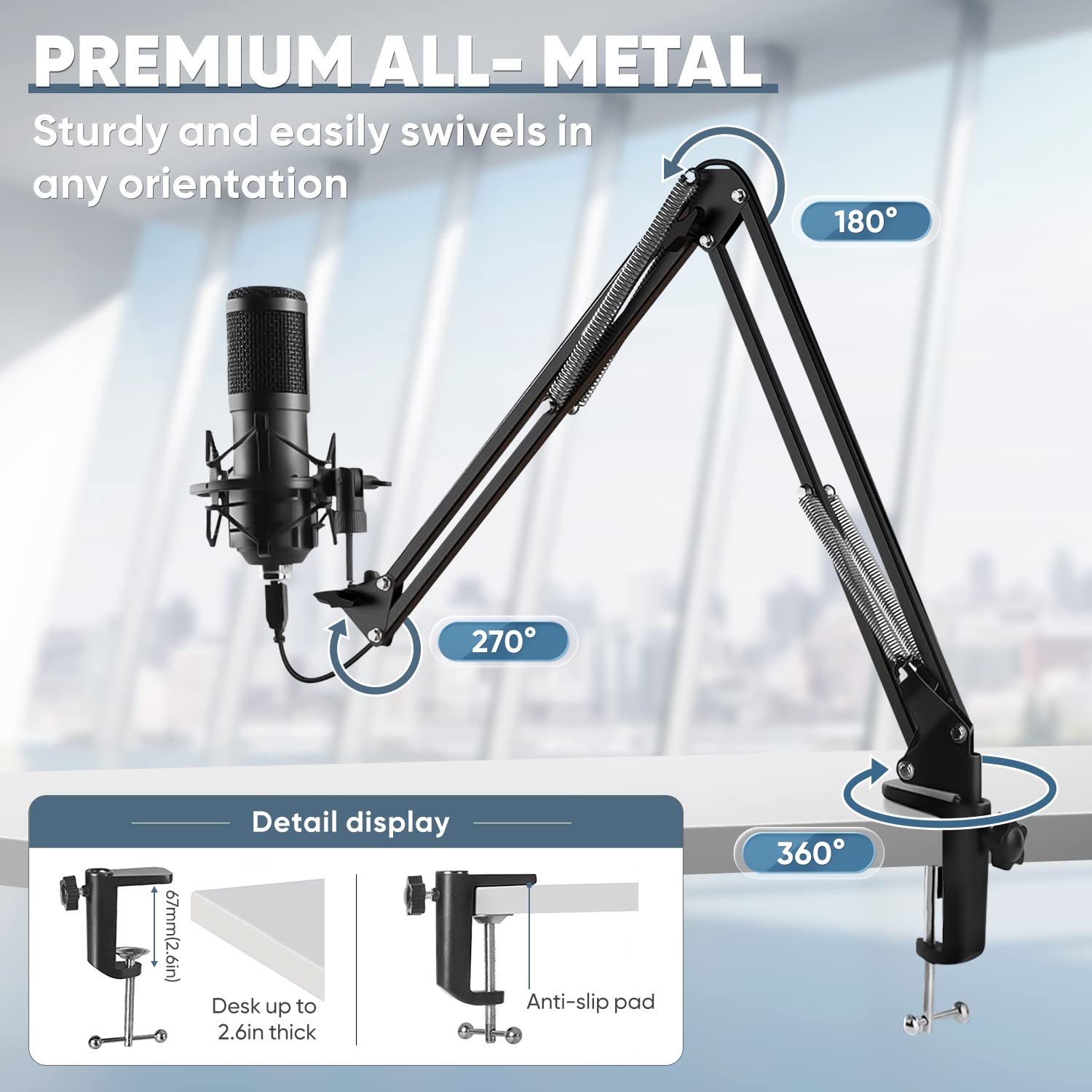 piolunth USB Microphone, Plug & Play 192kHz/24bit Cardioid Condenser Studio Mic Kit with Professional Sound Chipset Mount Pop Filte and Boom Arm for Recording, Gaming, Streaming, Skype, Podcast