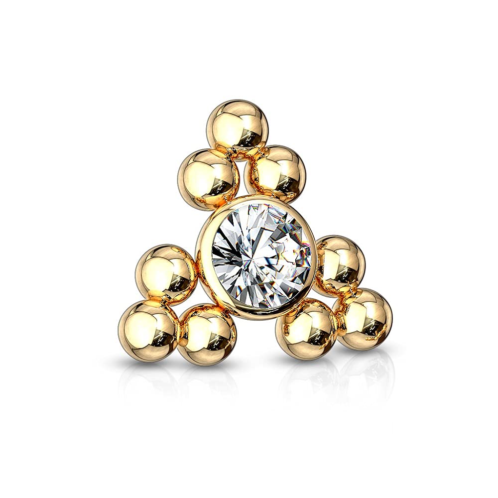 Pierced Owl 14GA Stainless Steel Internally Threaded CZ Crystal Center Triangle Ball Clusters Dermal Anchor Top (Gold Tone)