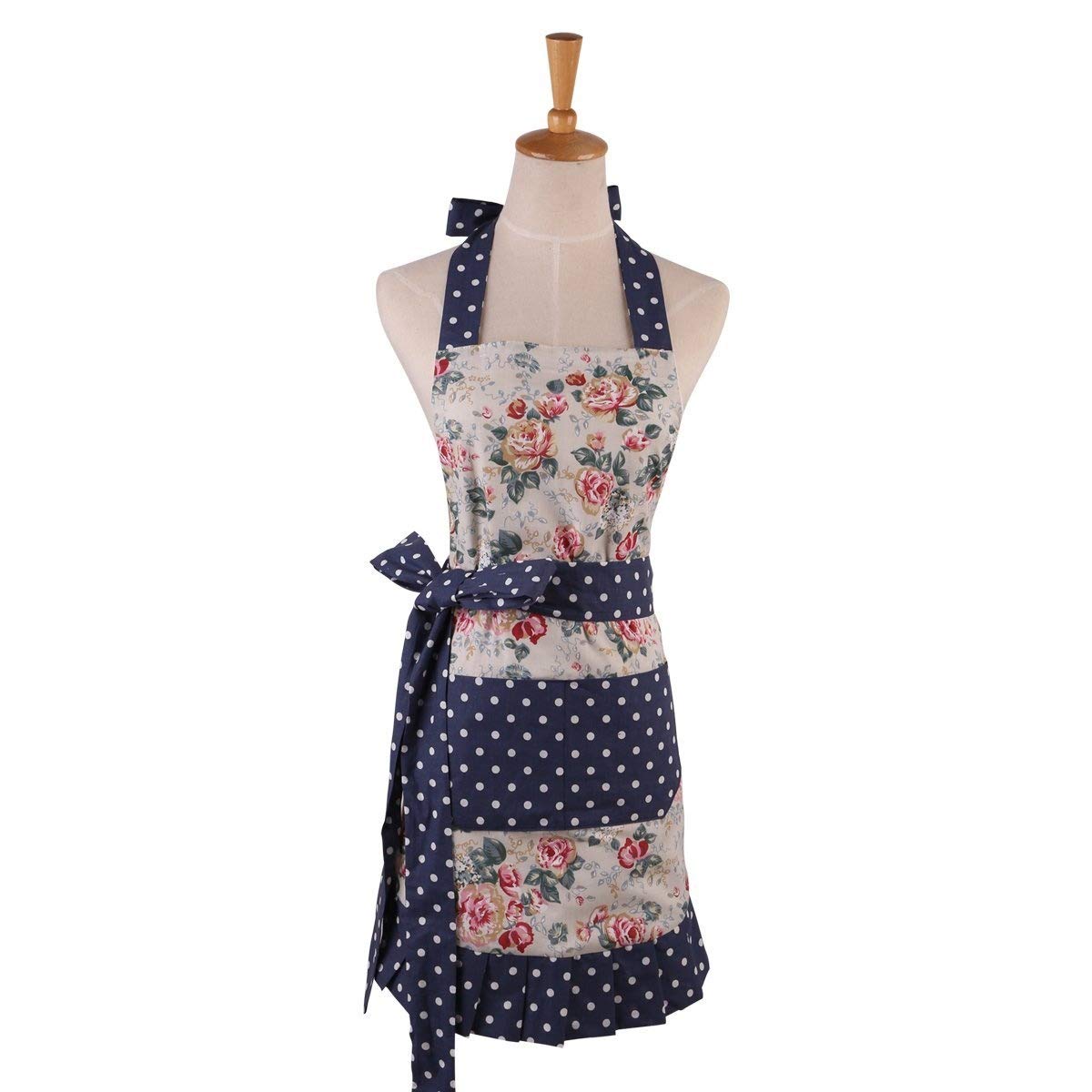 Leeotia Cotton Fabric Flirty Women's Apron With Big Pocket In Front Used For Home Baking or Kitchen Cooking (White Style-1)