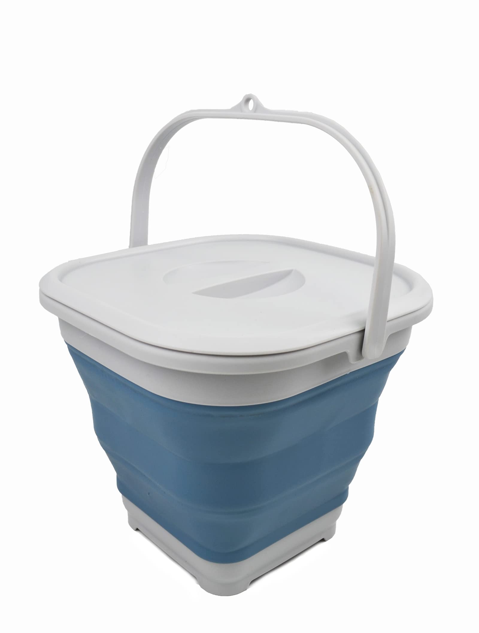 SAMMART Collapsible Square Handy Bucket with Handle & Lid 5.5L (1.4 Gallon) -Foldable Square Water Pail - Portable Tub for Fishing, Camping, Outdoor and Home (Grey/Steel Blue, 1)