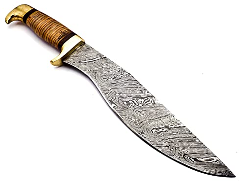 MID AMERICA Cutlery Custom Hand Made Beautiful Damascus Hunting Knife Kukri Handle Sketched Leather, Steel