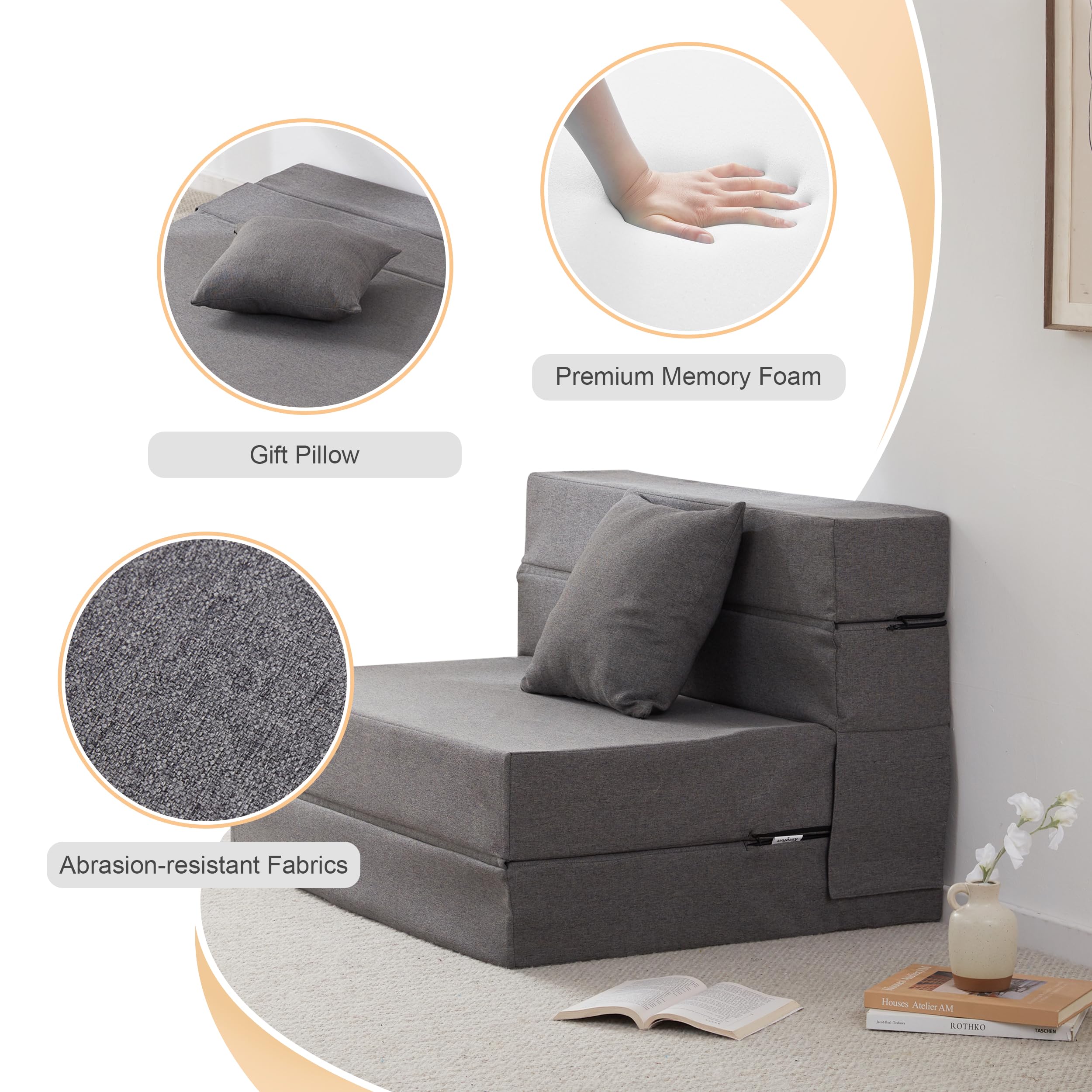 Kingfun Folding Sofa Bed with Pillow,Futon Sleeper Chair-Lazy Guest Beds for Living Room Small Spaces,Cot Size-Dark Gray