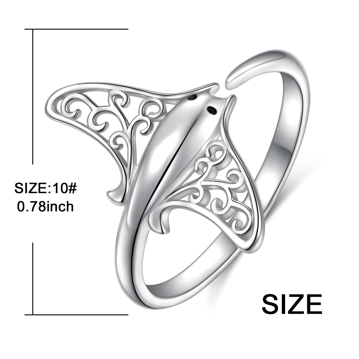 Ladytree S925 Sterling Silver Stingray Sea Animal Open Ring Manta Ray Tree of Life Adjustable Bypass Nature Ocean Ring,Size 7