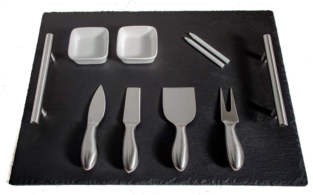 Slate Cheese Board Set with Handles | 9 pcs - 12" x 16" Serving Tray, Stainless Steel Cheese Knife Set with Ceramic Bowls + Soapstone Chalk