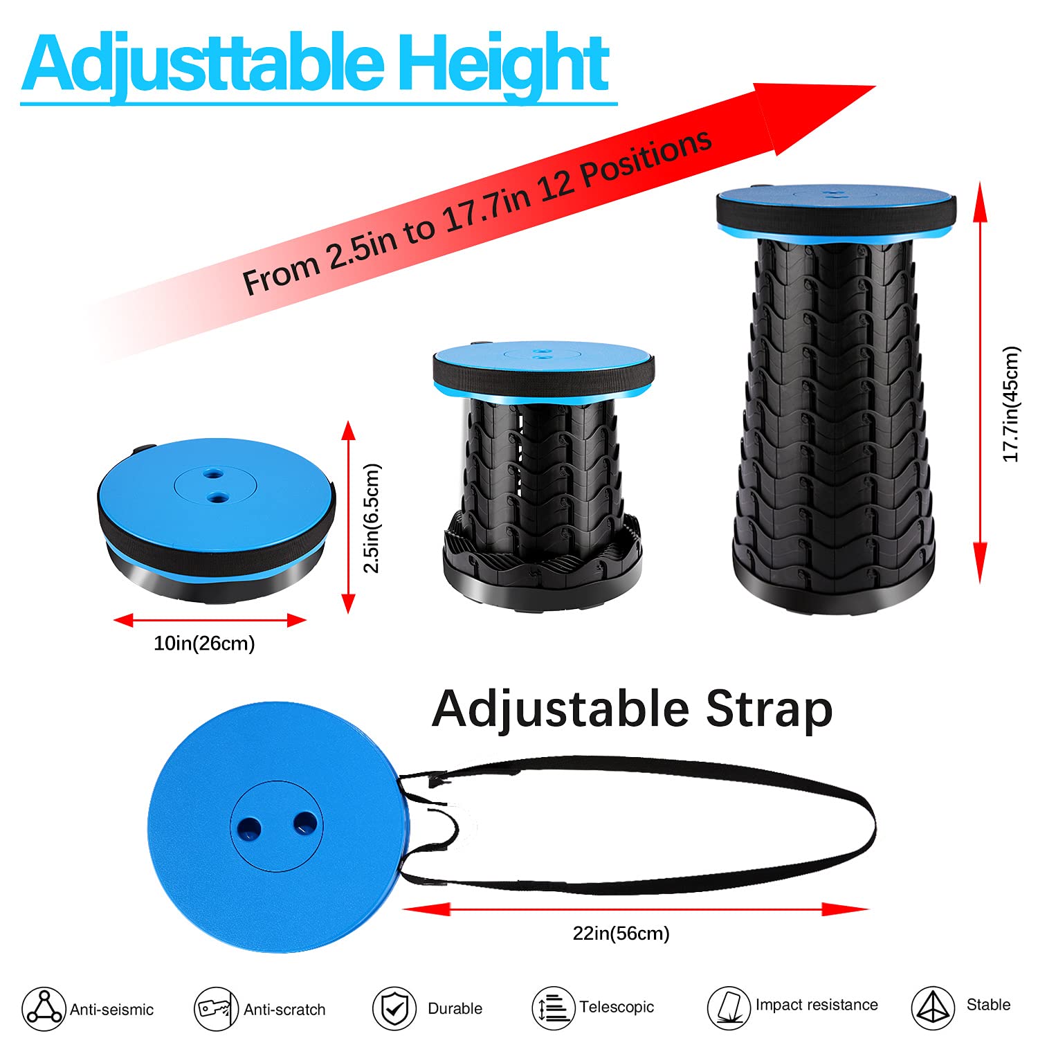 Miiuewuo Portable Telescoping Stool, 2nd Gen Upgraded Collapsible Stool with Max Load Capacity 400lbs, Adjustable Lightweight Stools for Camping/Garden/Fishing/Hiking/Travel/BBQ (Blue)