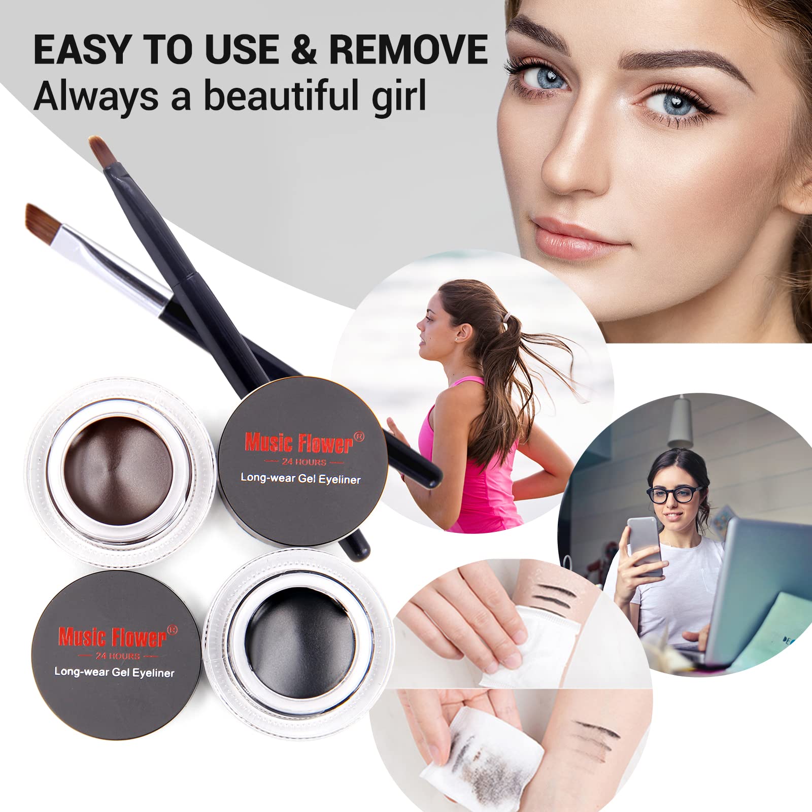 Music Flower Gel Eyeliner, Black and Brown Eyeliner Waterproof Long Lasting Smudge Proof Gel Liner with 2 Brushes, Easy to Eye Makeup and Remove, 3 g, Pack of 2