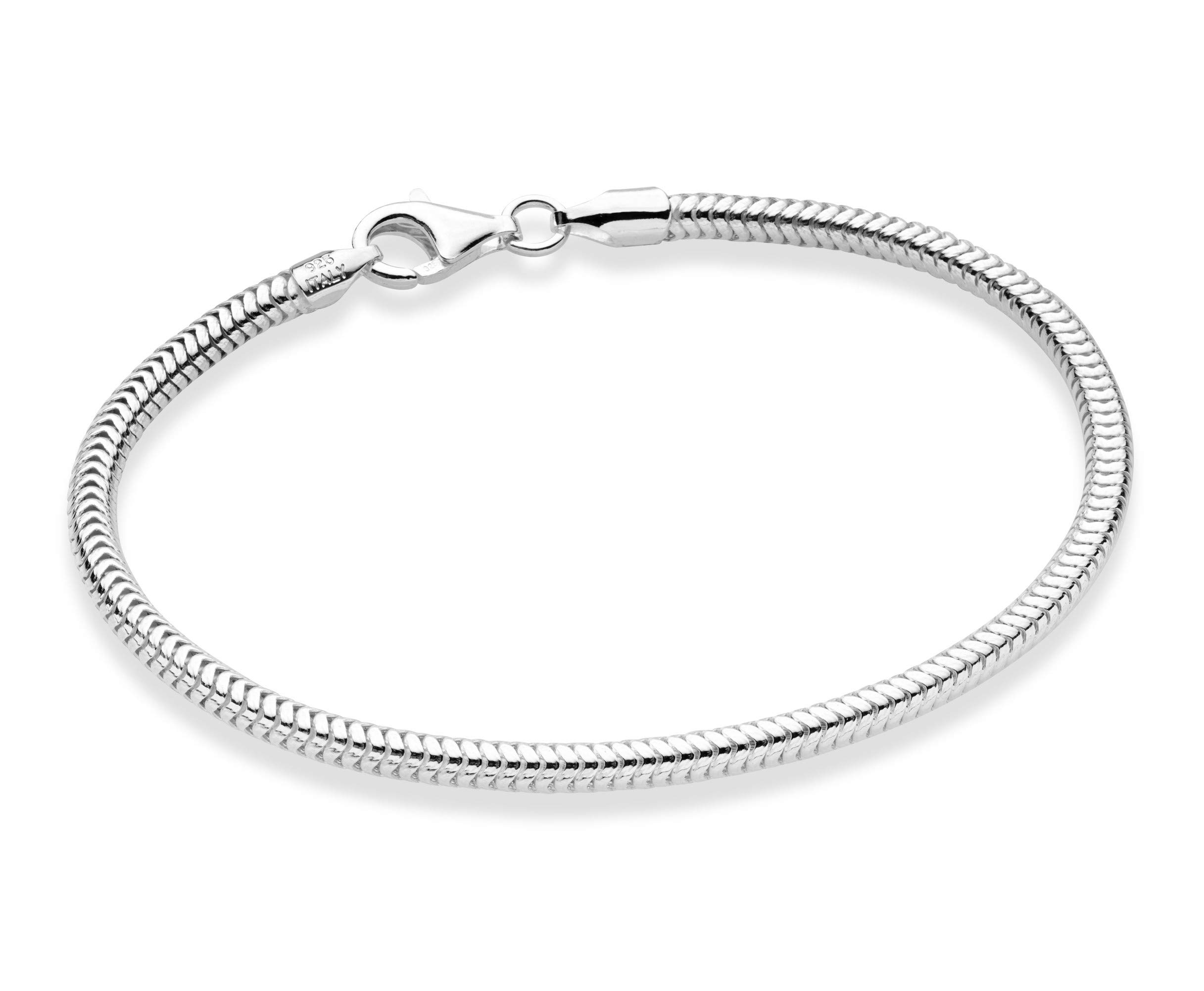 Miabella Solid 925 Sterling Silver Italian 3mm Snake Chain Bracelet for Women Men, Charm Bracelet, Made in Italy (Length 7.5 Inches)