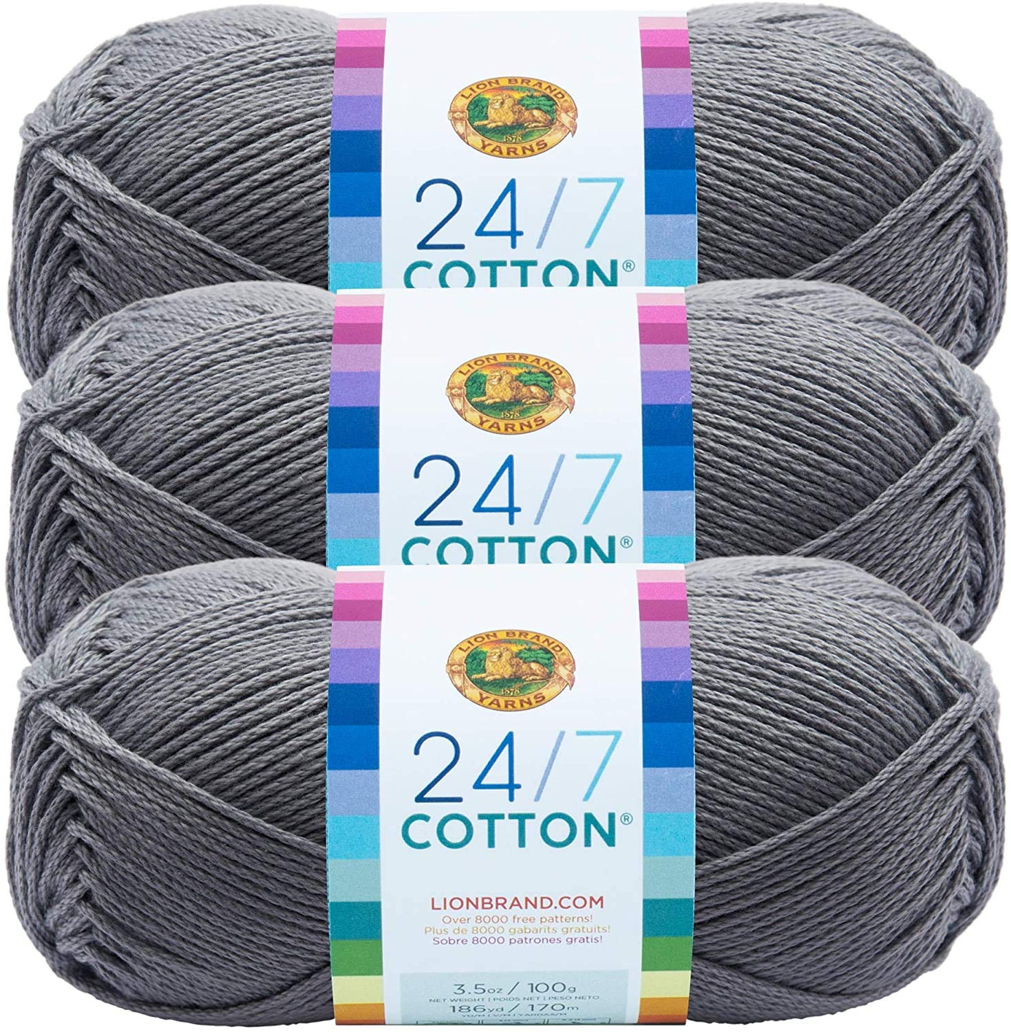 Lion Brand 24/7 Cotton Yarn, Yarn for Knitting, Crocheting, and Crafts, Silver, 3 Pack