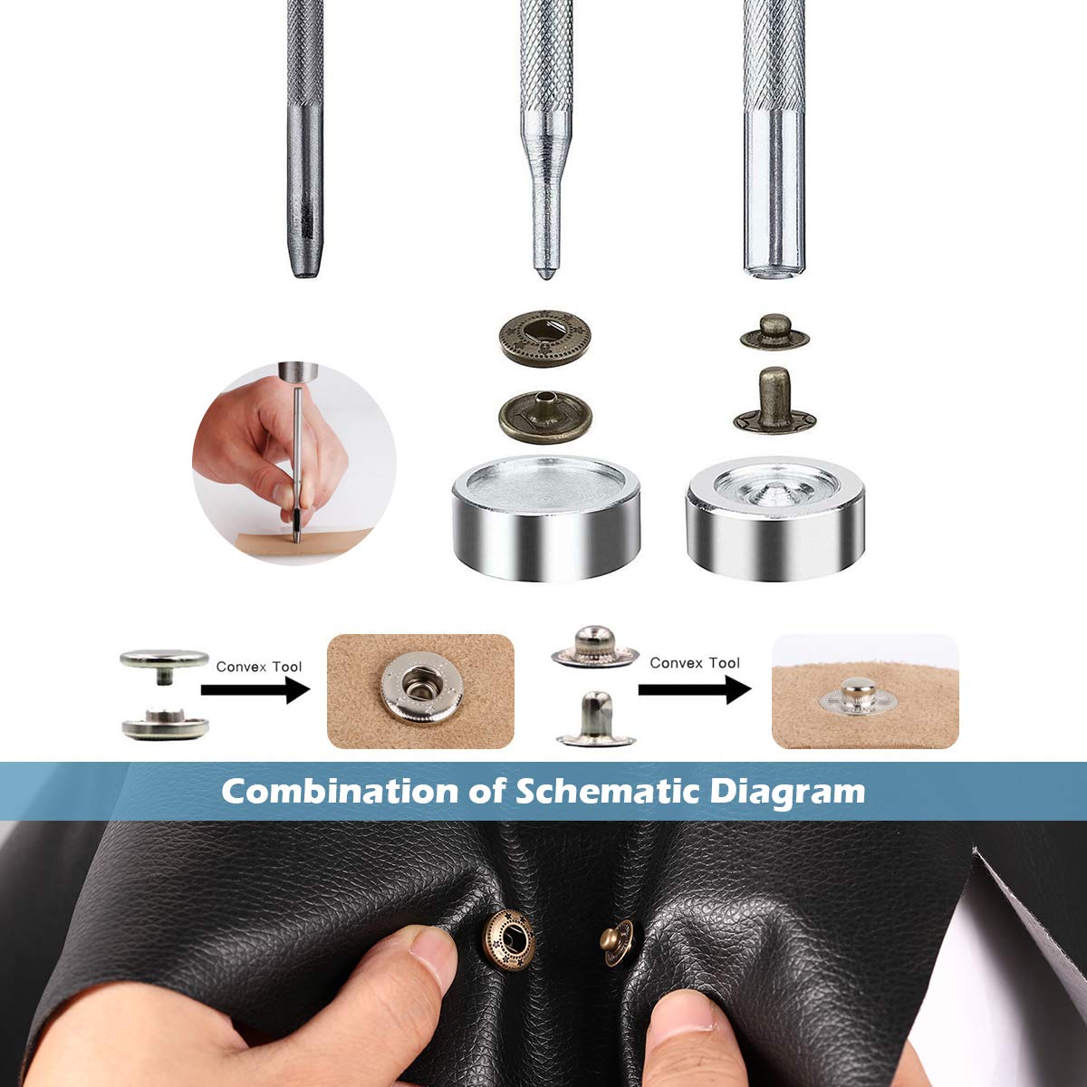 Leather Snap Button Fasteners Kit - Happon 120 Sets Metal Snap Kit with Punch Hole Pliers Press Rivets Repair Tool for Sewing Clothing Jeans Jacket - 4 Colors Snaps Studs Replacement