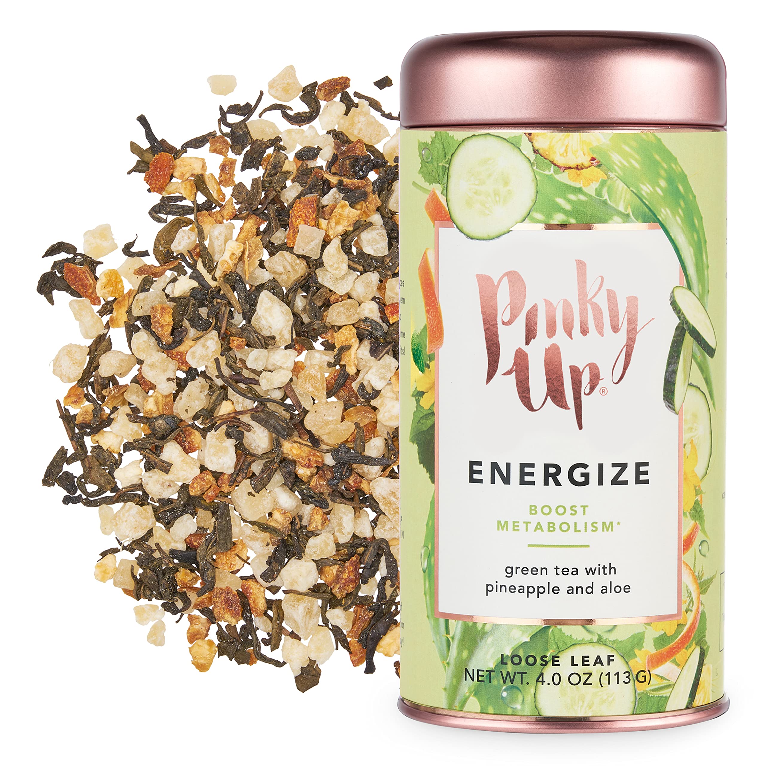 Pinky Up Energize Loose Leaf Wellness Tea, Green Tea Blend, Naturally Low Calorie & Gluten Free, Caffeinated 3.0 Ounce Tin, 25 Servings