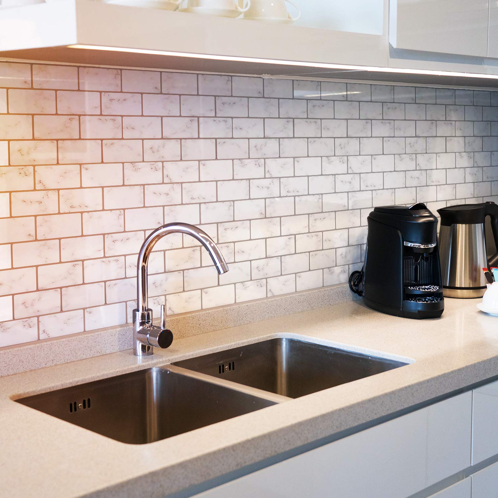 Lagute 5-Sheet 12" x 12" Thicker Design Stick on Backsplash tiles, Peel and Stick Wall Tiles, Marble White Subway Tile with Grey Grout for Kitchen and Bathroom