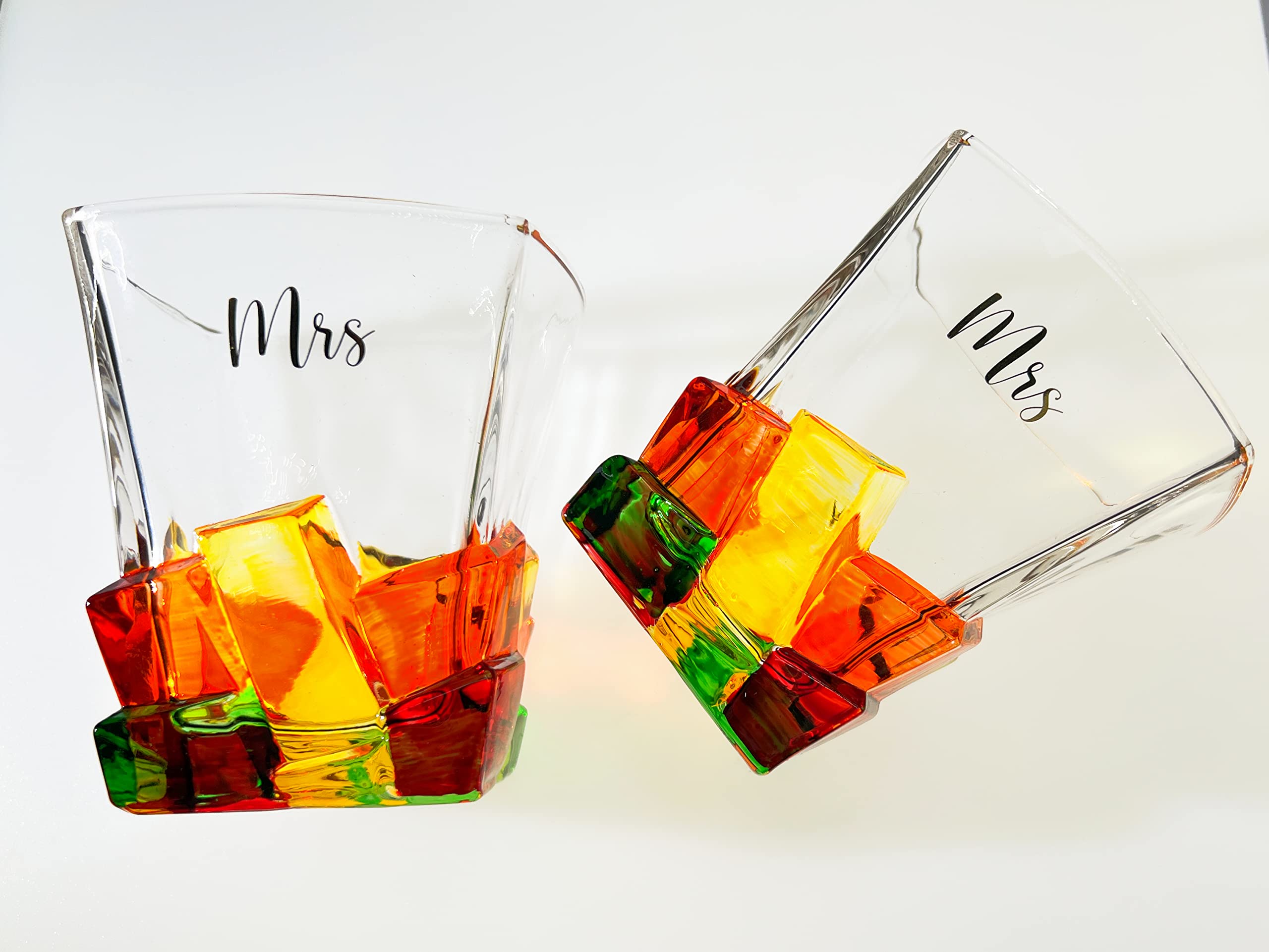 Mrs And Mrs Lesbian Gifts Rainbow Handmade Fused Glass Cubic Icicle Wine Glasses