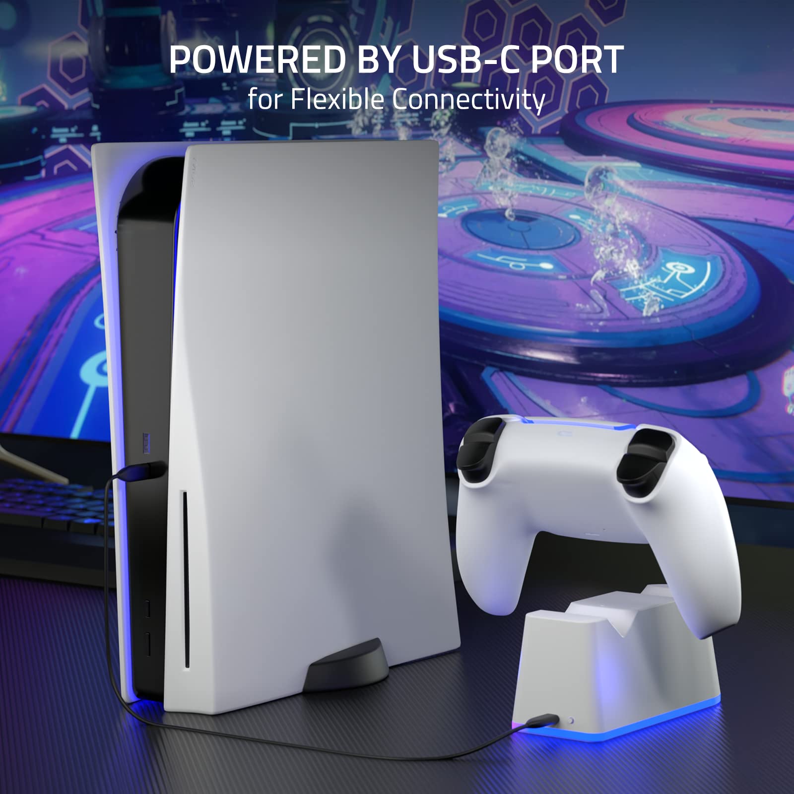 PS5 Controller Charging Station, PS5 Fast Charger Station with RGB Lights Type-C Cable LED Indicator Light Dual Contraller Charging Stand for Playstation 5 Dualsense Controller