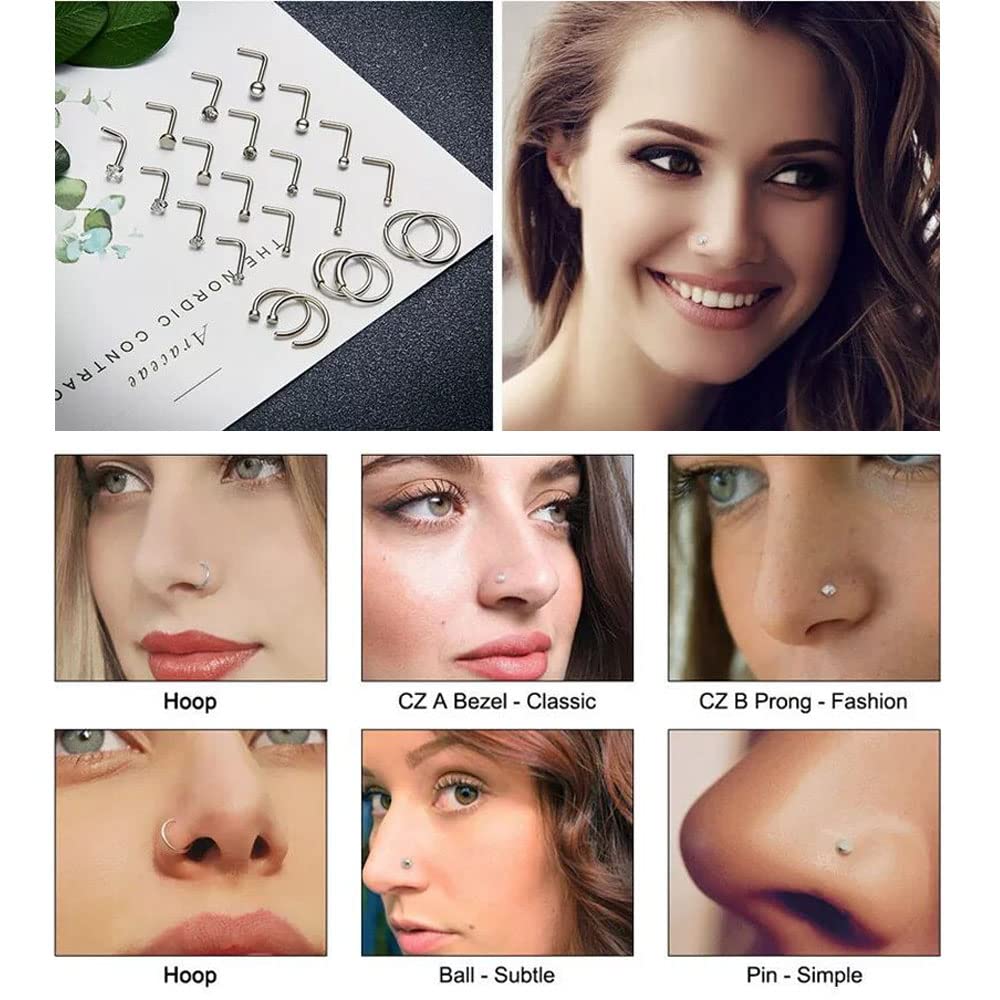 Piercingpops 24Pcs Surgical Stainless Steel Mixed Nose Stud Nose Ring Hoop Cartilage Earrings Nose Piercing Body Jewelry for Women Men Set (A:24PCS - Silver(Nose Screws Style))