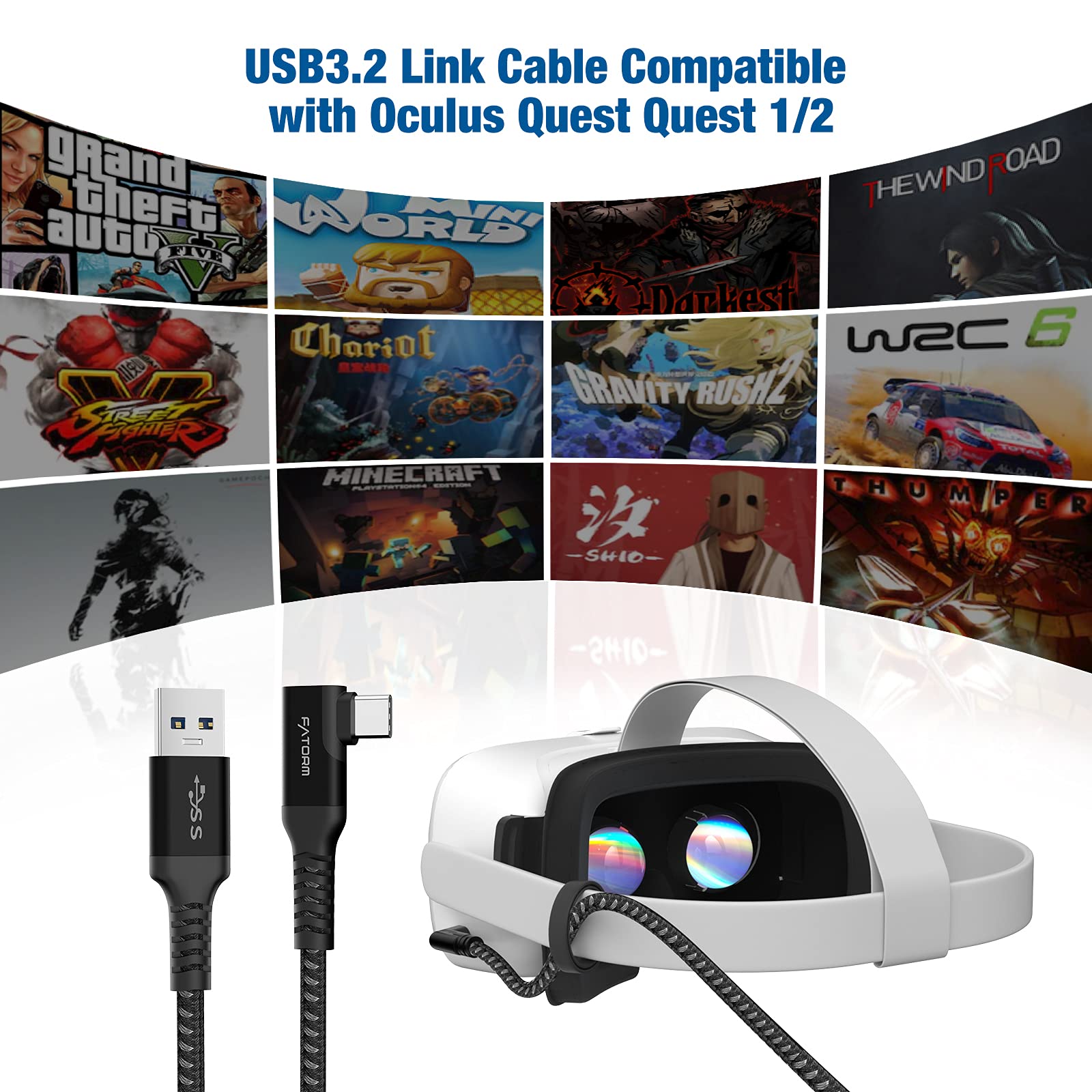 Miaeueu Link Cable 19FT Compatible for USB 3.2 Gen 1 Type A to C Charging Cable for Headset Gaming PC, High Speed Data Transfer and Fast Charge