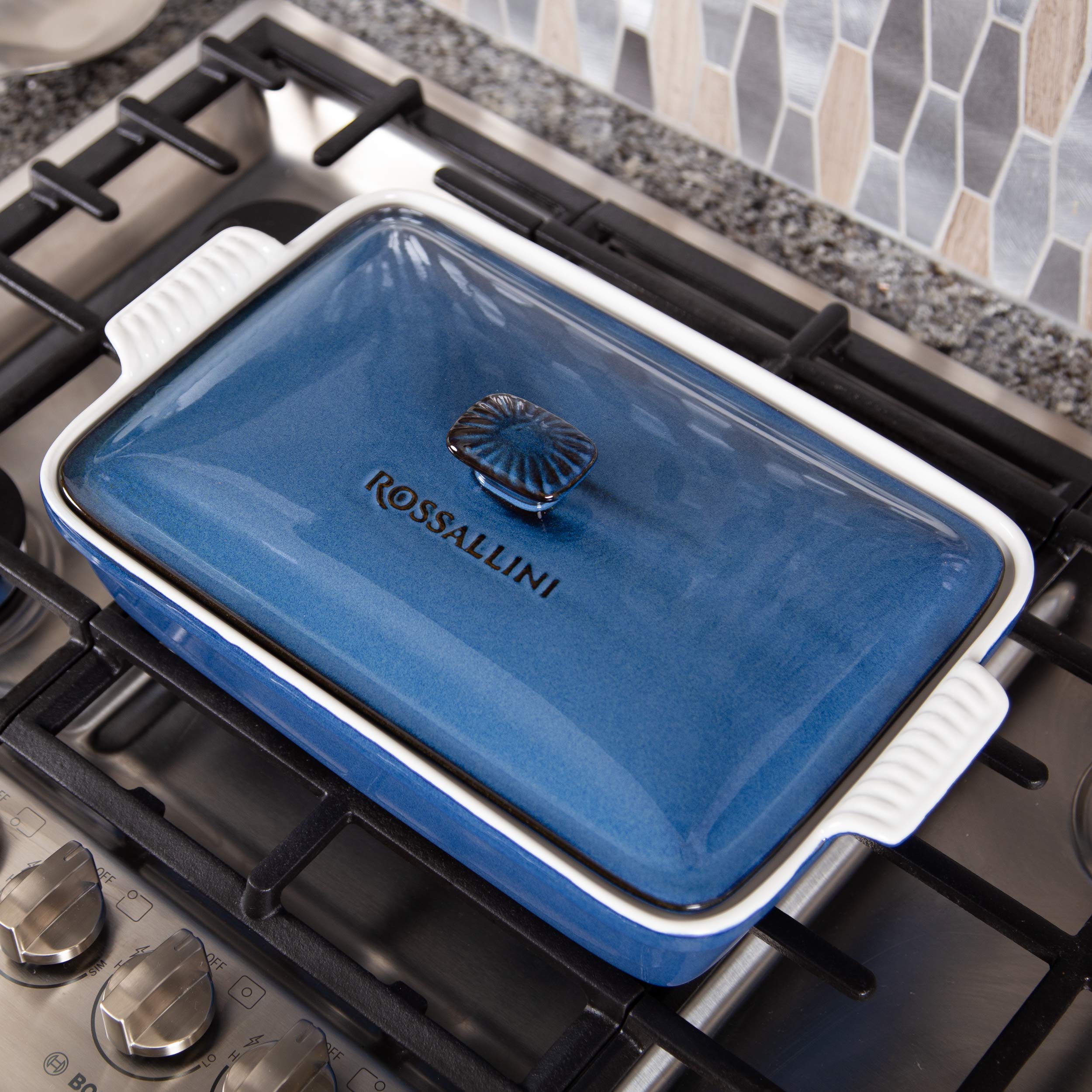 ROSSALLINI Stoneware Casserole Dish Bakeware Set with Lid, Covered Rectangular Dinnerware, Extra Large 4.23 Quart, 13 by 9 Inch, Blu Indaco [Reactive Blue]