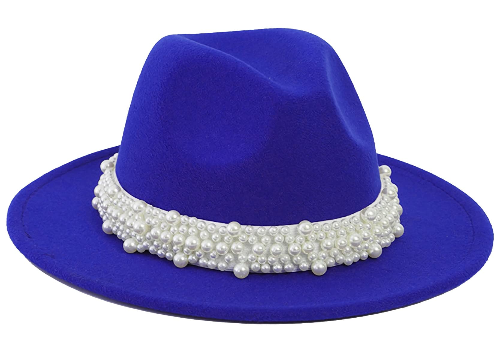 Qkrlamx Black Fedora Hats for Women Wool Panama Hat with Pearl Band Wide Brim Felt Hat Classic Trilby Hat Blue