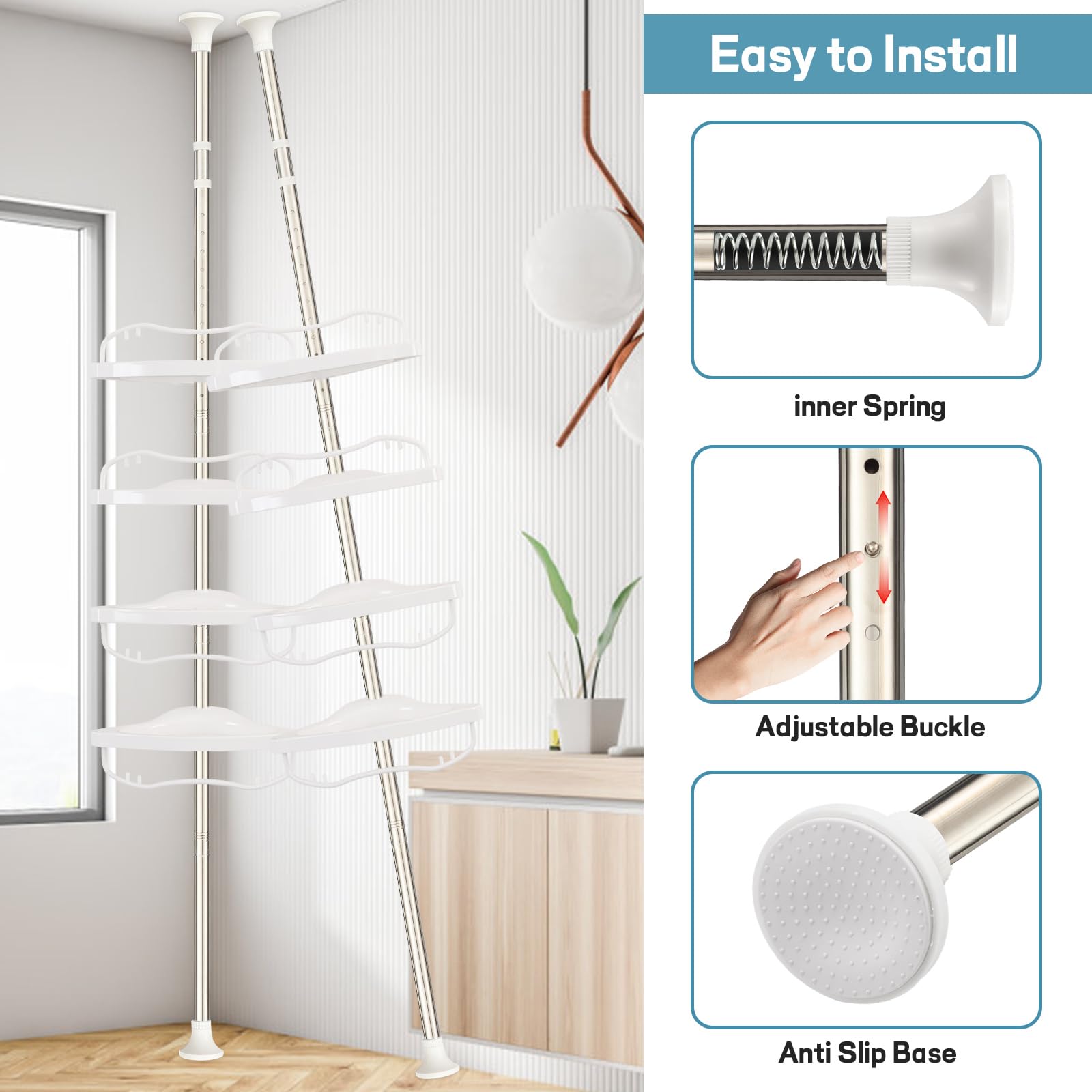 UIABOPZ Shower Caddy Tension Pole, Rustproof Shower Corner Caddy, 4-Tier Shower Organizer Corner Shelf Tension Rod Shower Caddy Corner 54 to 114 Inch