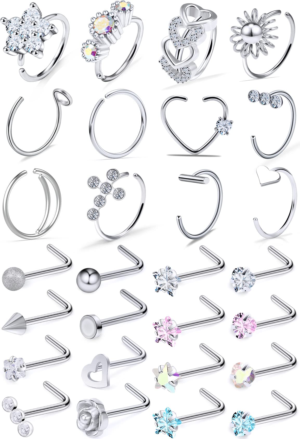 Ocptiy 18G Nose Rings Studs Hoop Piercing Jewelry for Women Stainless Surgical Steel Hypoallergenic L Shaped Cute Nose Rings Bend Curved Cubic Zirconia Nose Nostril Ring Stud Piercing Jewelry Men 2MM