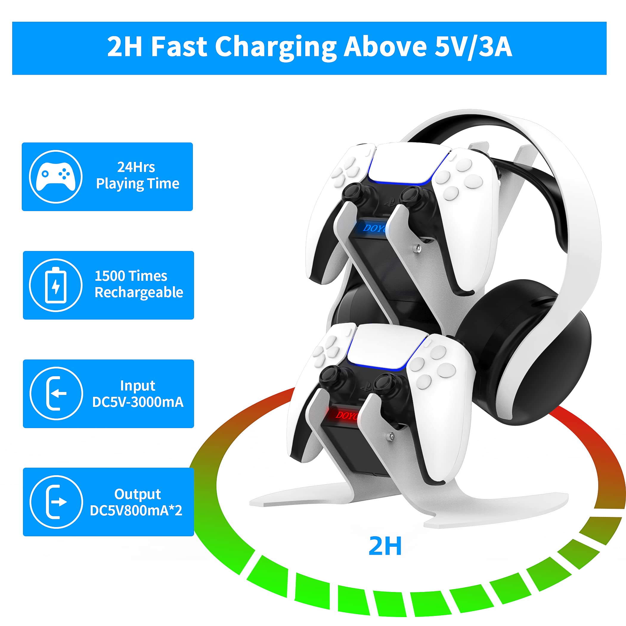 PS5 Controller Charger Station with Headset Headphone Organizer, Playstation 5 Controller Charging Dock Station with 2H Fast Charging Adapter 5V/3A, Replacement PS5 Controller Charger by DOYO