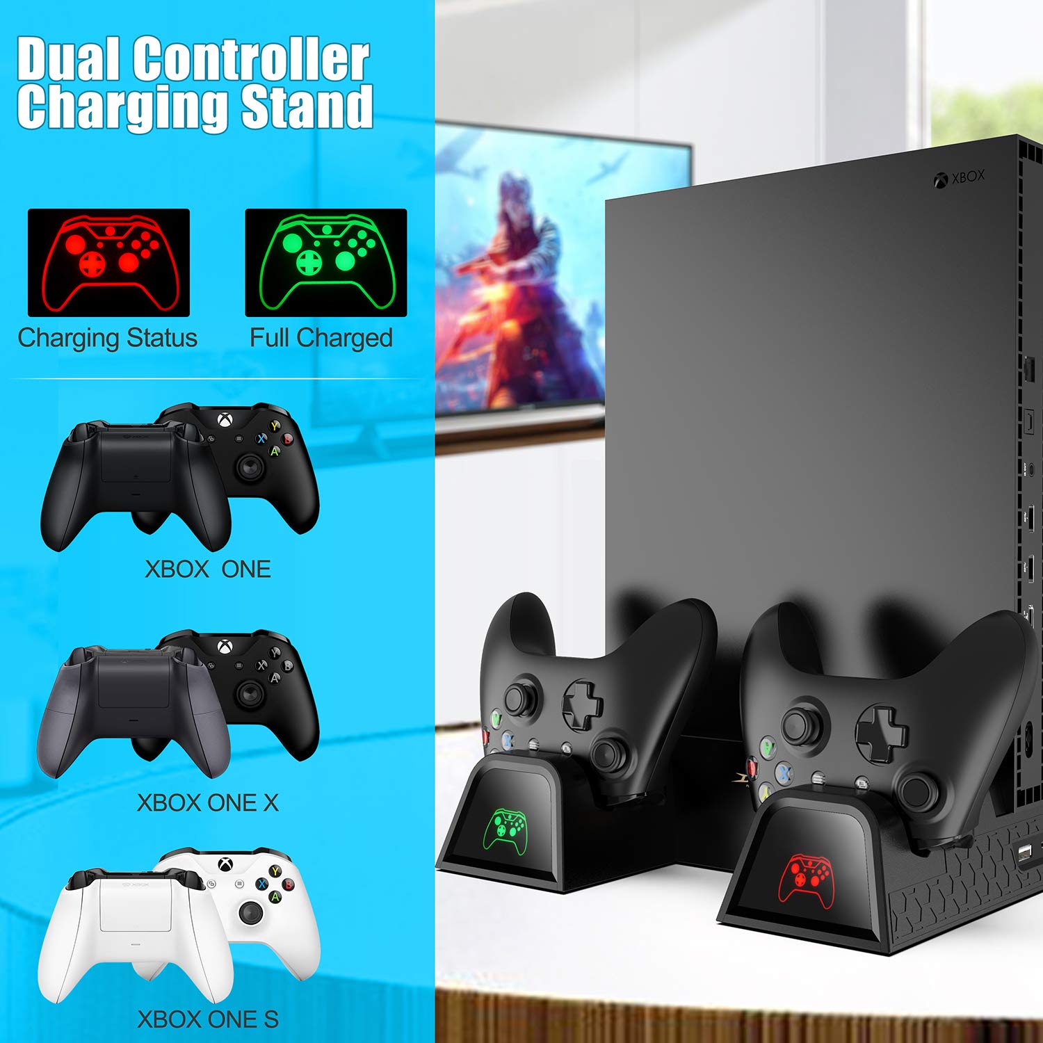 KINGTOP Cooling Stand Compatible with Xbox One/One S/One X, Vertical Cooling Fan with 2 Pack 600mAh Batteries, Games Storage, Dual Controller Charging Station for Xbox One/One S/One X (Black)