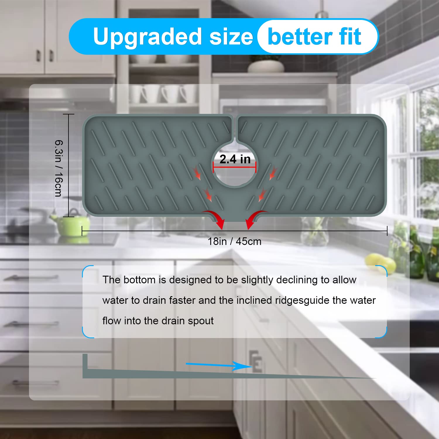Silicone Faucet Splash Guard, 18” x 6.3” Faucet Water Catcher Mat, Longer Silicone Sink Mat, Faucet Handle Drip Catcher Tray Mat for Kitchen Countertop and Bathroom Sink Protectors (Dark grey)