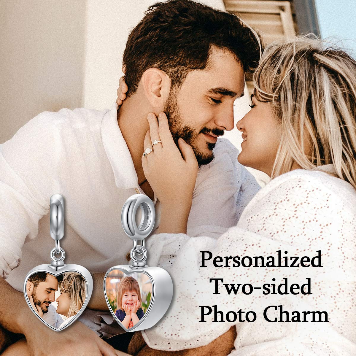 Personalized Heart Photo Cremation Urn Charm for Ashes Silver Custom 2 Picture Image Bead Fit Snake Bracelet Keepsake Memorial Locket for Women Mom (Double Love-2 Photos)