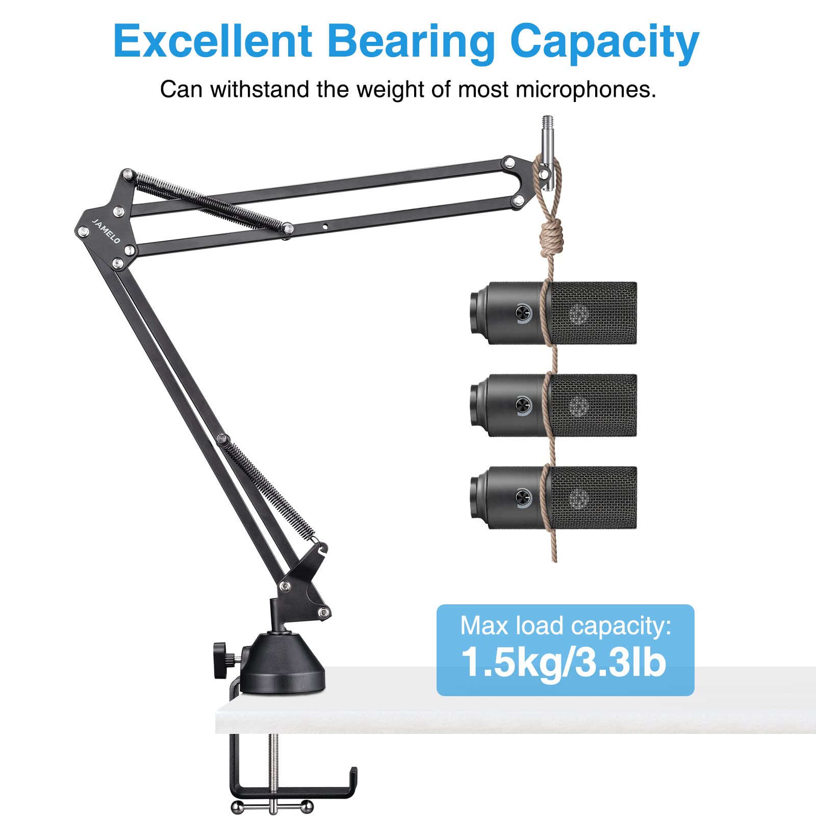 Mic Boom Arm Stand, JAMELO Adjustable Microphone Boom Arm with Upgrade Desk Table Mount Clamp