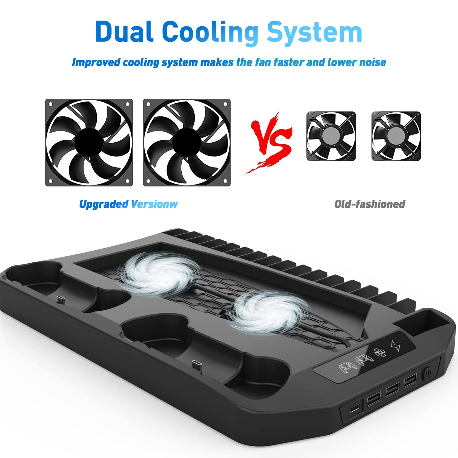 PS5 Vertical Stand Cooling Fan Charging Station with 3 USB HUB for Playstation 5 Controller Indicator Lamps Console Station and Dual PS5 Joystick Charging Dock Accessories 16 Game Storage
