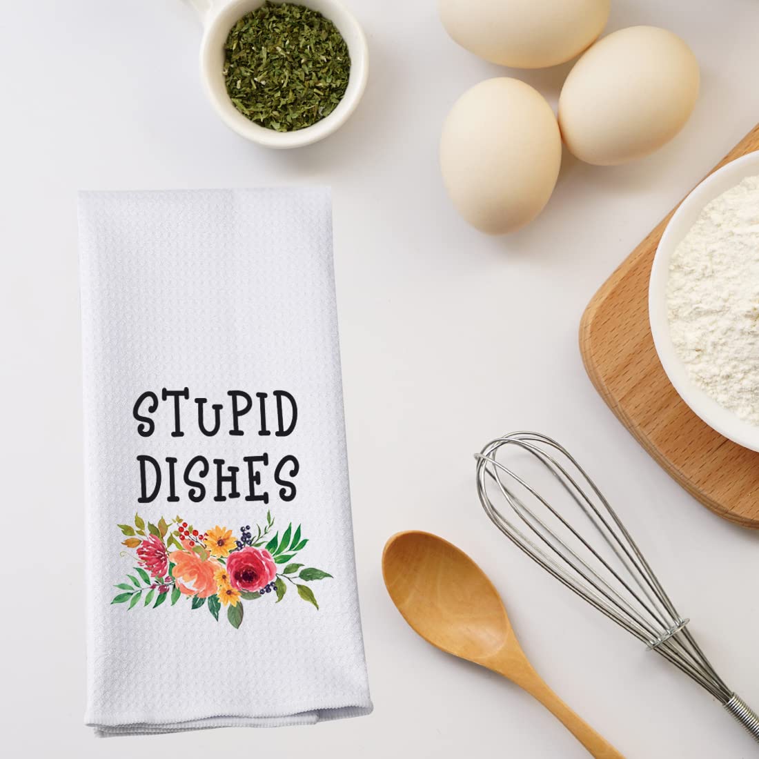 PWHAOO Funny Kitchen Towel Dish Towel Stupid Dishes Funny Sayings Farmhouse Decor (Stupid Dishes T)