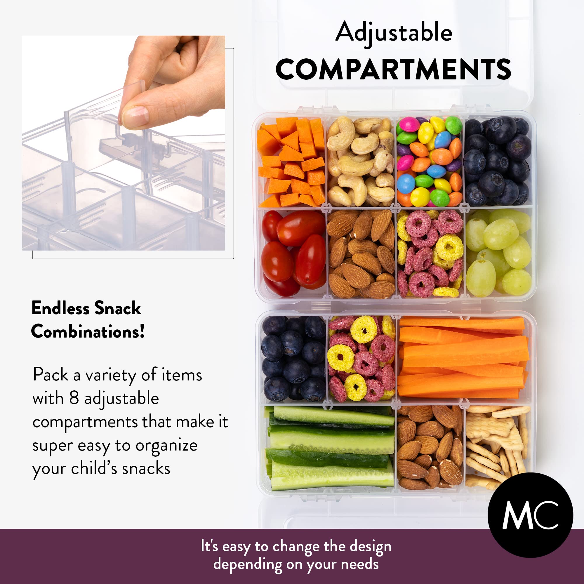 Mothercould Snack Box Set for Kids - 8 Compartments, Reusable Snack Solution with 100 Dissolvable Labels | Easy to Clean, Dishwasher Safe, BPA-Free, Food Grade, Durable and Secure Design (2 Pack)