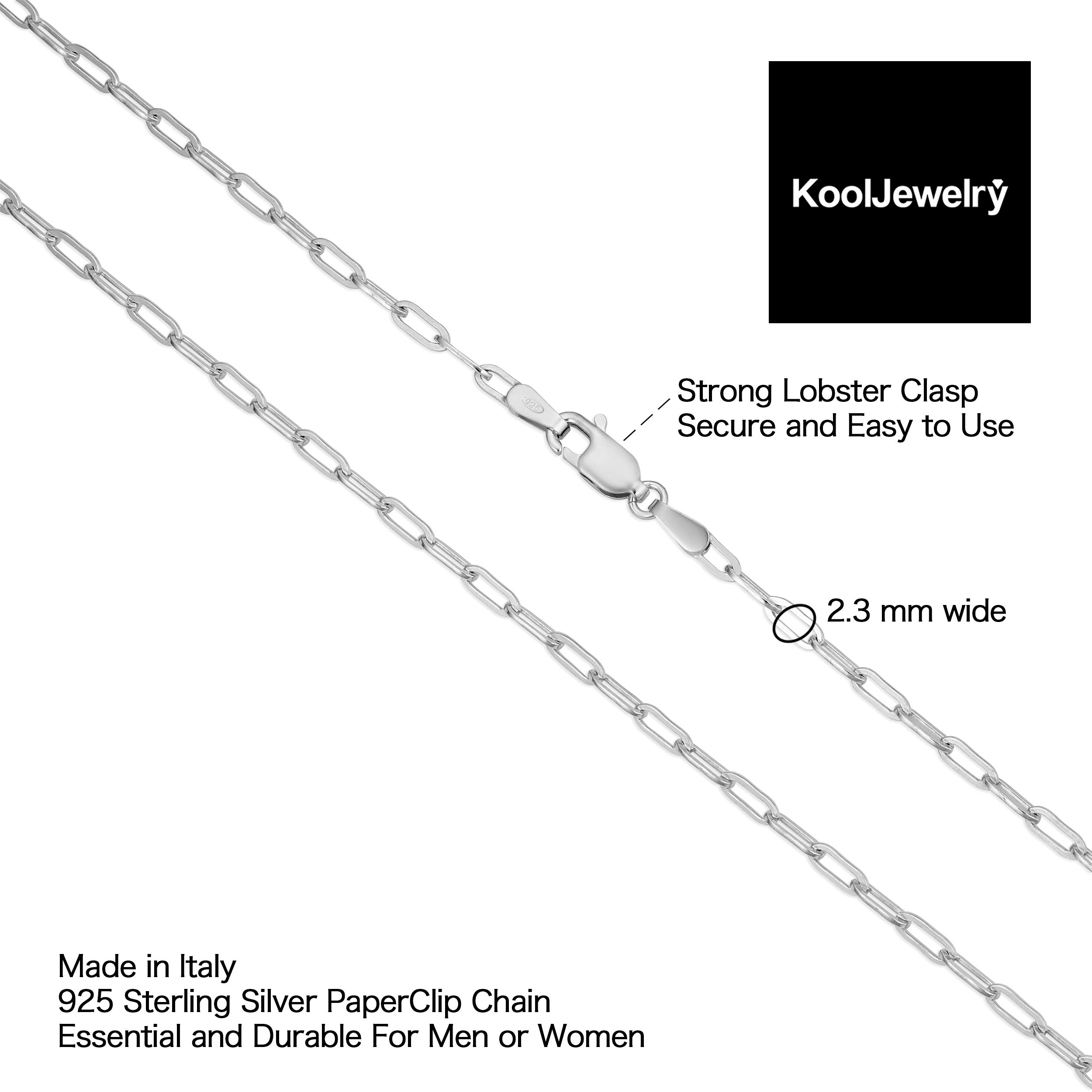 KoolJewelry Sterling Silver Polished Paperclip Chain Necklace for Men and Women (2.3 mm, 36 inch)