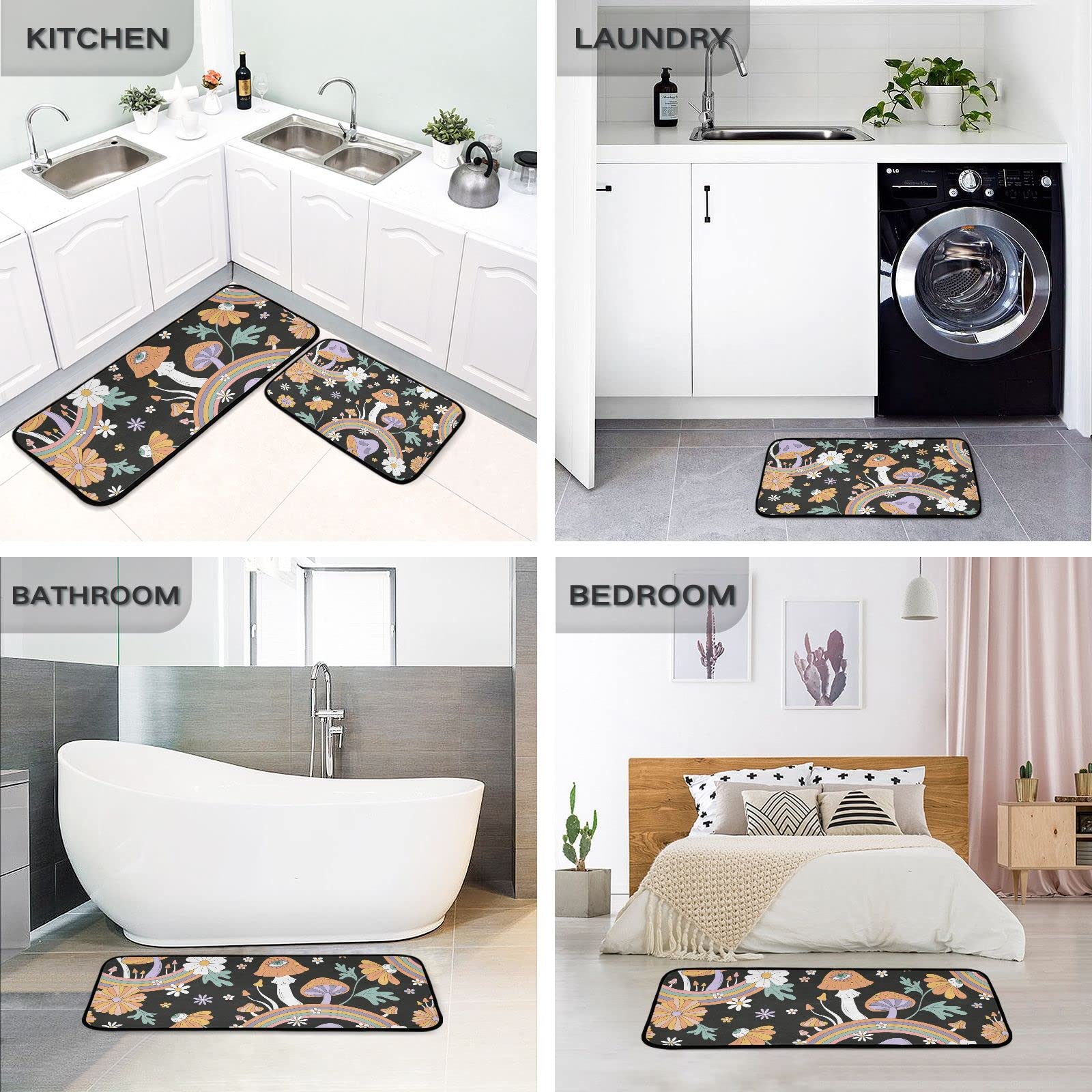 NFMILI (Mystical Mushroom) Kitchen Mat 2 PCS Cushioned Anti-Fatigue Kitchen Rug, Waterproof Non-Slip Floor Mats Thick Ergonomic Comfort Standing Mat for Kitchen Sink Laundry Room Bedroom Living Room