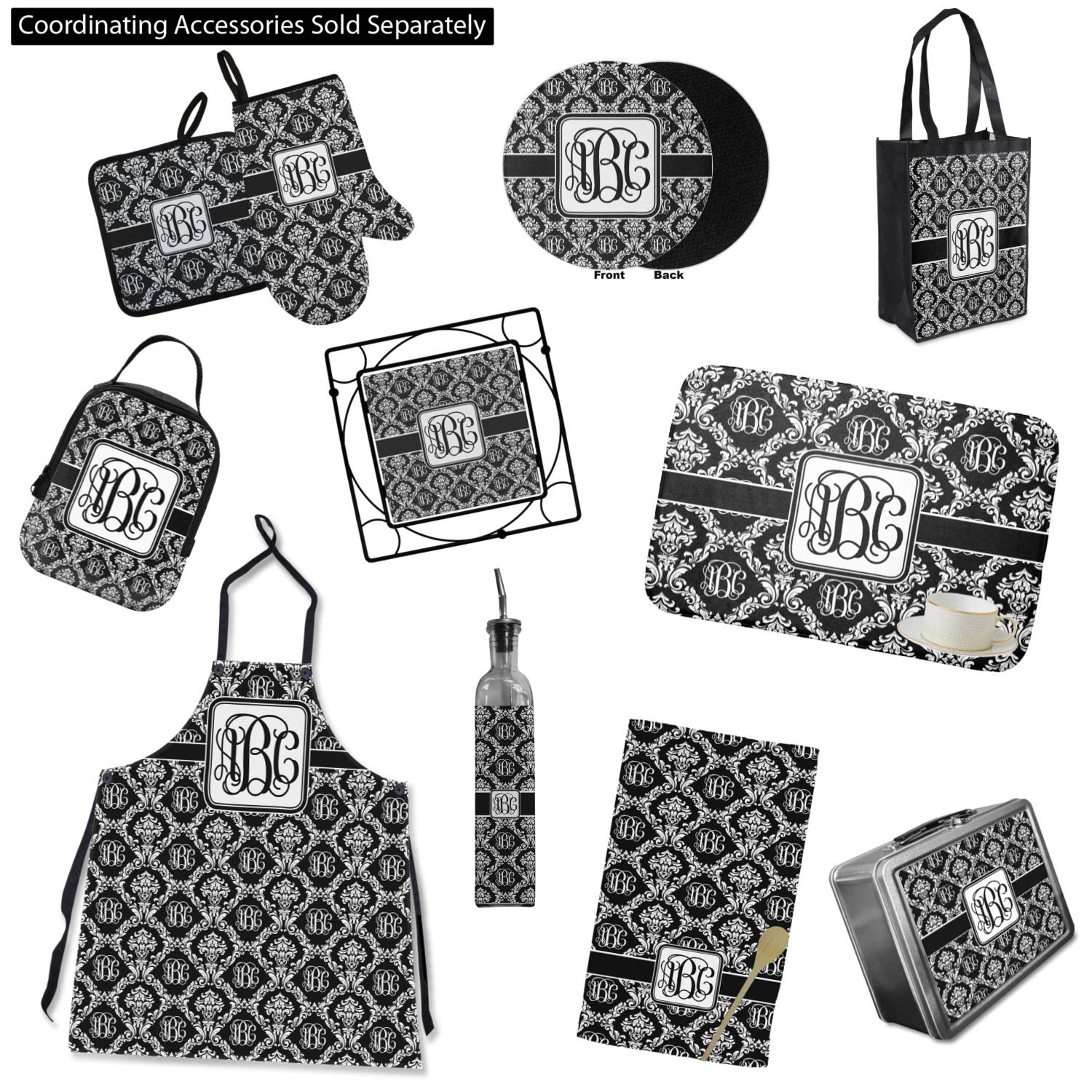 Personalized Monogrammed Damask Right Oven Mitt & Pot Holder Set