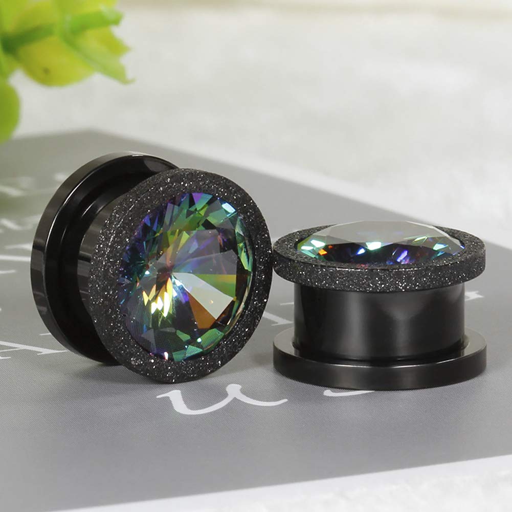KUBOOZ Ear Plug Tunnel Gauge Stretcher Piercing Colorful Zircon Center Black Stainless Steel Screw 2G