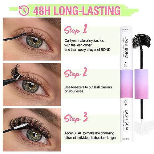 Lvmixwig Eyelash Extension Kit Cluster Lashes Extension Kit with Lash Bond and Seal Strong Hold D Curl Lash Cluster Fluffy Cat Eye Natural Look Individual Lashes Extension Kit DIY at Home