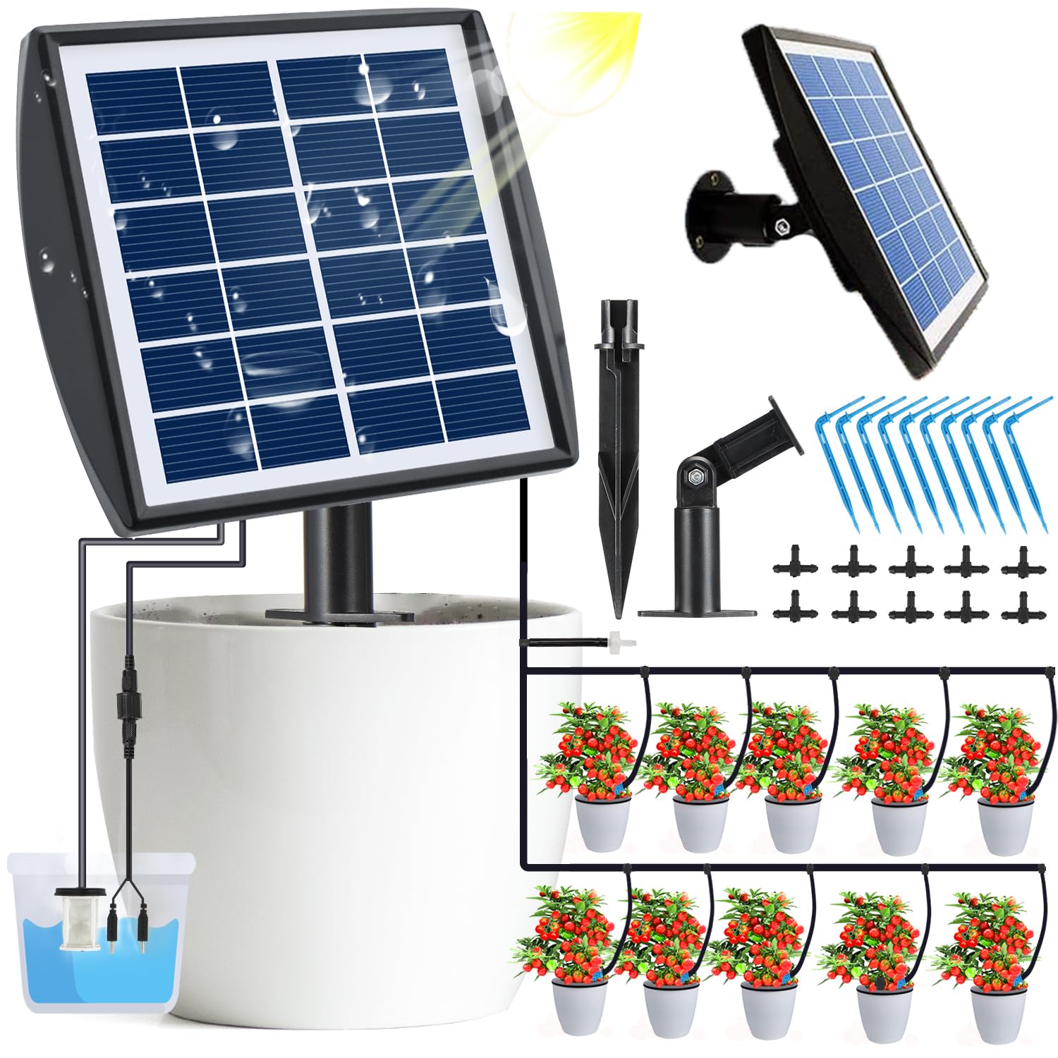 Solar Auto Irrigation System, Solar Powered Drip Irrigation Kit with 2200mAh Battery & 6 Timer Modes, NVRGIUP Indoor Outdoor Automatic Self Watering System for 10 Potted Plants in Green House, Garden