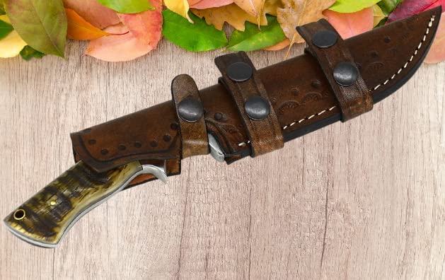 PSK83 - Handmade Damascus Hunting Knife Ram Horn Handle Full Tang Fire & Raindrop Patter - (PSK-83)