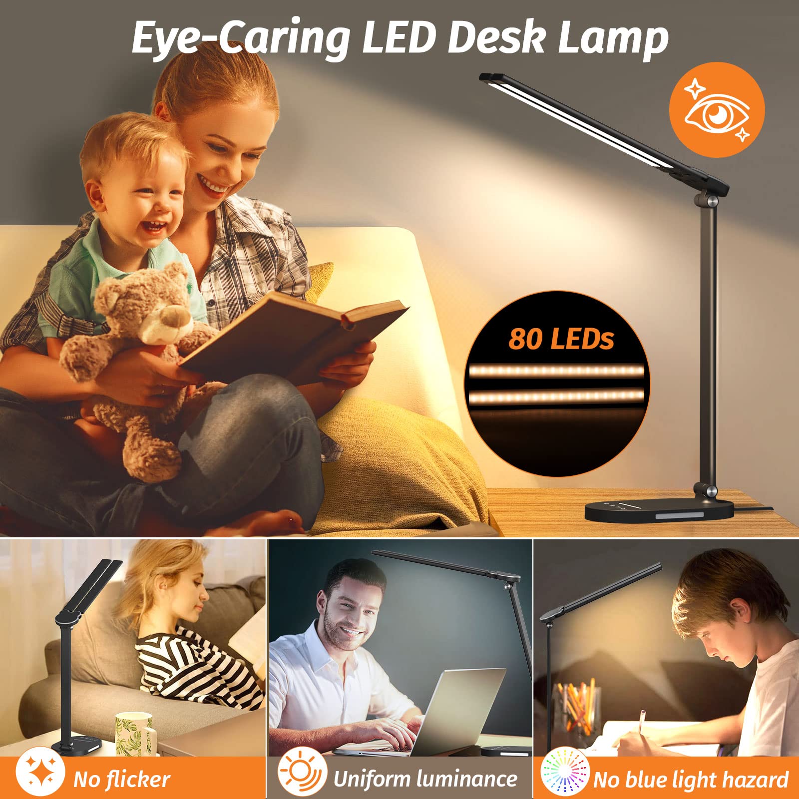 LED Desk Lamps for Home Office, Dual Swing Arm Desk Light, Dimmable Desk Lamp with USB Charging Port, Office Lamp with Night Light, 1H Timer, 5 Color Modes 5 Brightness Levels, Eye-Caring Table Lamp