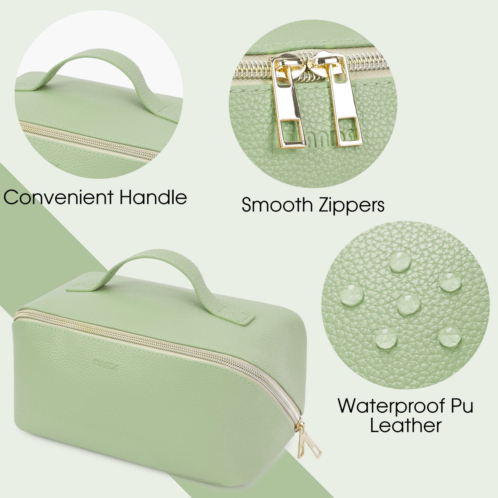WANDF Portable Cosmetic Bag Opens Flat Travel Makeup Bag Vegan Leather Zipper Pouch Large Capacity Cosmetic Organizer For Women(Pink)