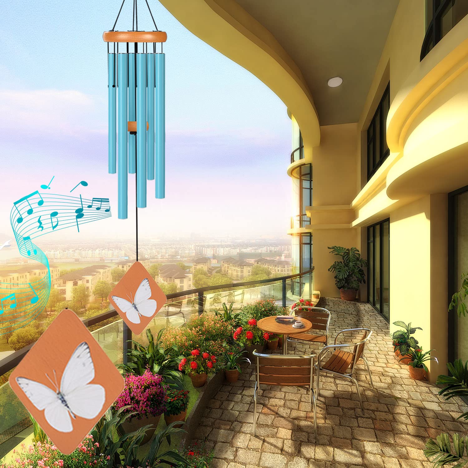 LGEGE Wind Chimes for Outside,White Butterfly Aluminum WindChime with Turquoise Blue Tubes, Unique Creative Outlook, for Father’s Day (32inch)