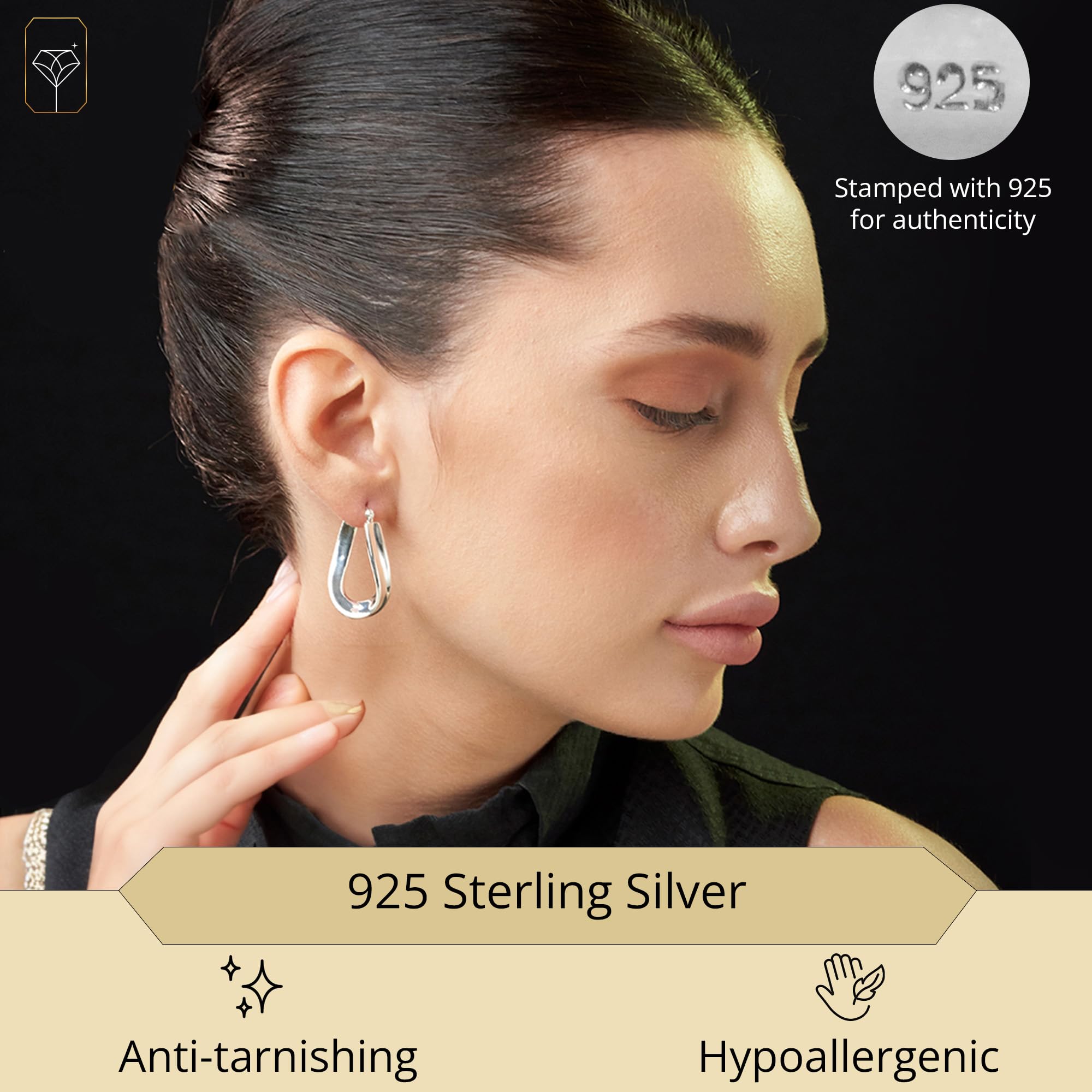 MAX + STONE 925 Sterling Silver Hoop Earrings for Women | Lightweight Hammered Finish Chunky Oval Thick
