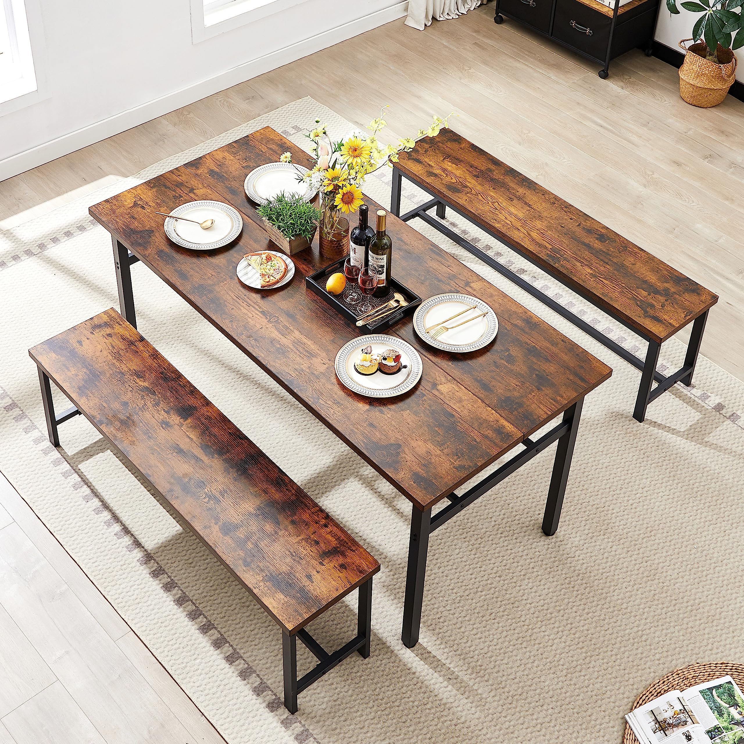 LIADTOP 3-Piece 67" Oversized 4-8 People, Set with 2 Benches,Space Saving Dinette with Chairs Metal Frame&MDF Board Dining Room Table for Kitchen,Rustic Brown