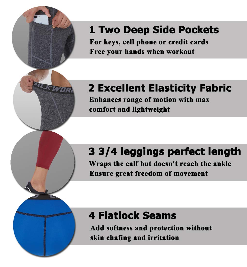 SILKWORLD Men's Compression Pants Lengging Cool Dry Athletic Base Layer Workout Tights with Pockets,835_Capri_Hemp Grey(Pockets),Small