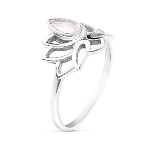 Koral Jewelry Cut Pear Moonstone Lotus Ring 925 Sterling Silver Ethnic Vintage Tribal Gipsy Boho Look (9)