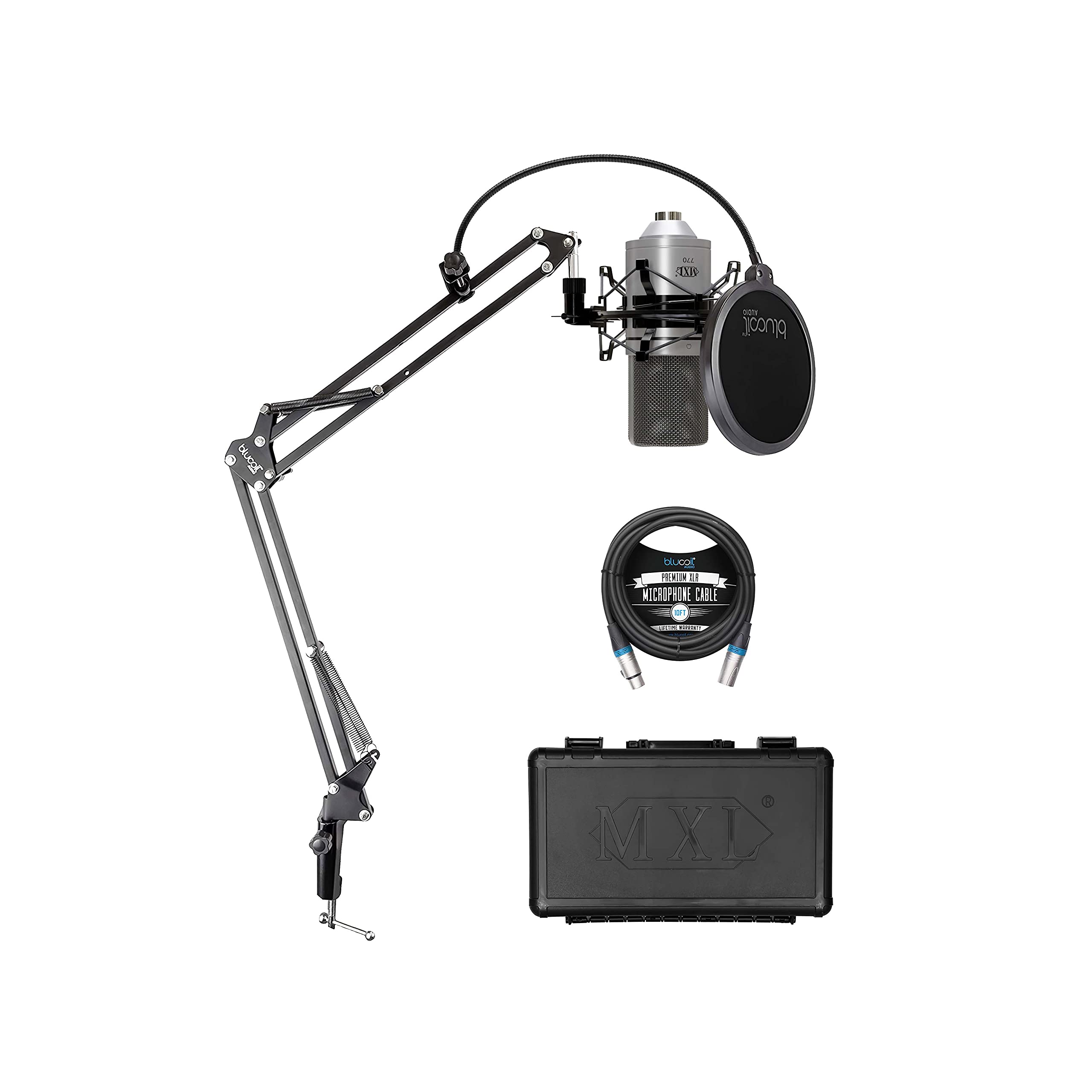 MXL 770 Cardioid Condenser Microphone for Piano, Guitar, String Instruments, and Vocal Recording (Silver) Bundle with Blucoil Boom Arm Plus Pop Filter, and 10-FT Balanced XLR Cable