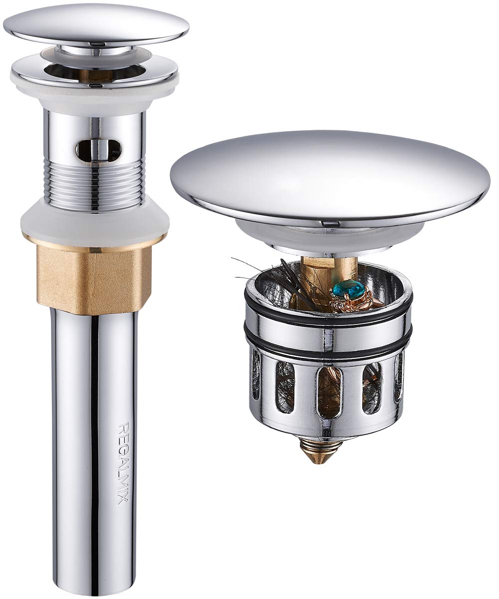 Vessel Sink Drain,Bathroom Pop-up Drain With Detachable Basket Stopper, Anti-Explosion And Anti-Clogging Drain Strainer, Sink Drain Assembly With Overflow Polished Chrome, REGALMIX RWF083H