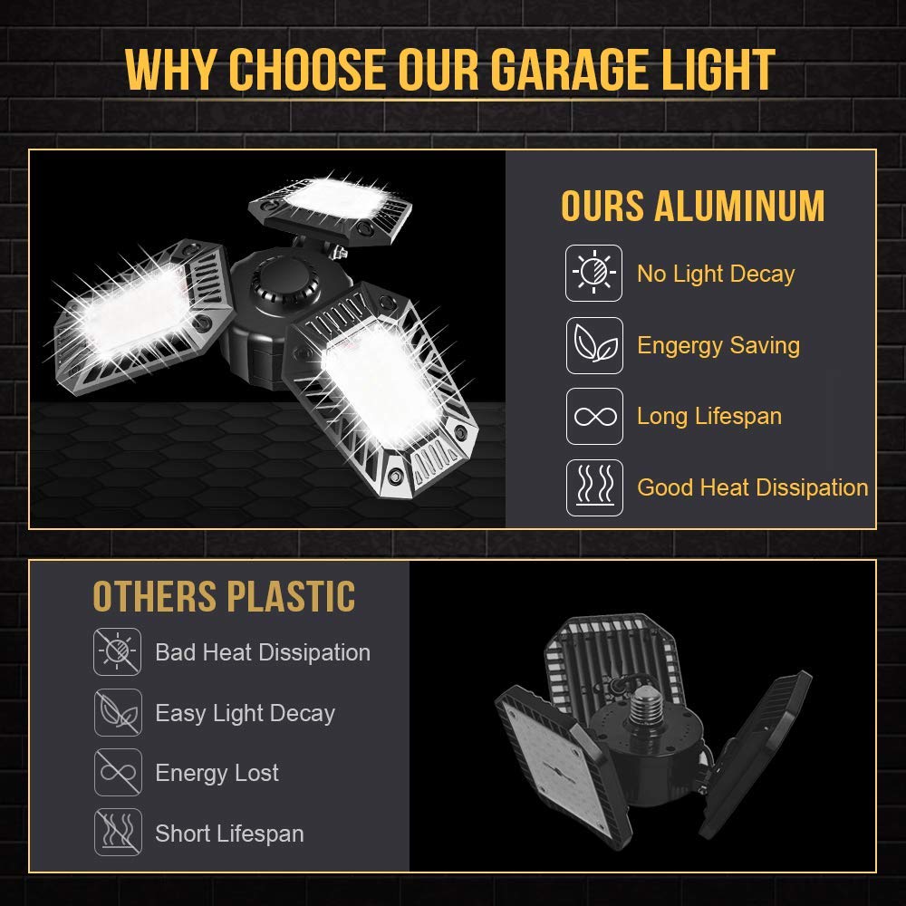 LED Garage Ceiling Light - Merece Upgraded 80W Garage Light Bulb 8000LM E26 Deformable Three Leaf Garage Light, Adjustable Tribright Led Garage Lighting for Shop Warehouse Basement (No Sensor,Black)